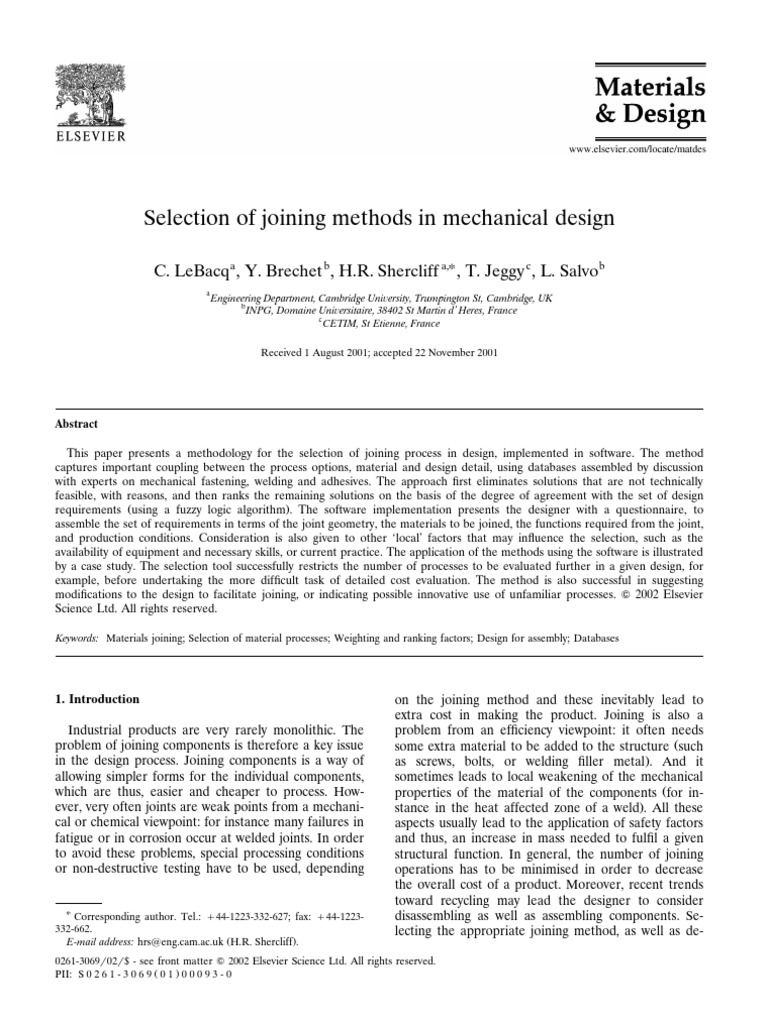 Selection of Joining Methods in Mechanical Design | PDF | Welding | Construction