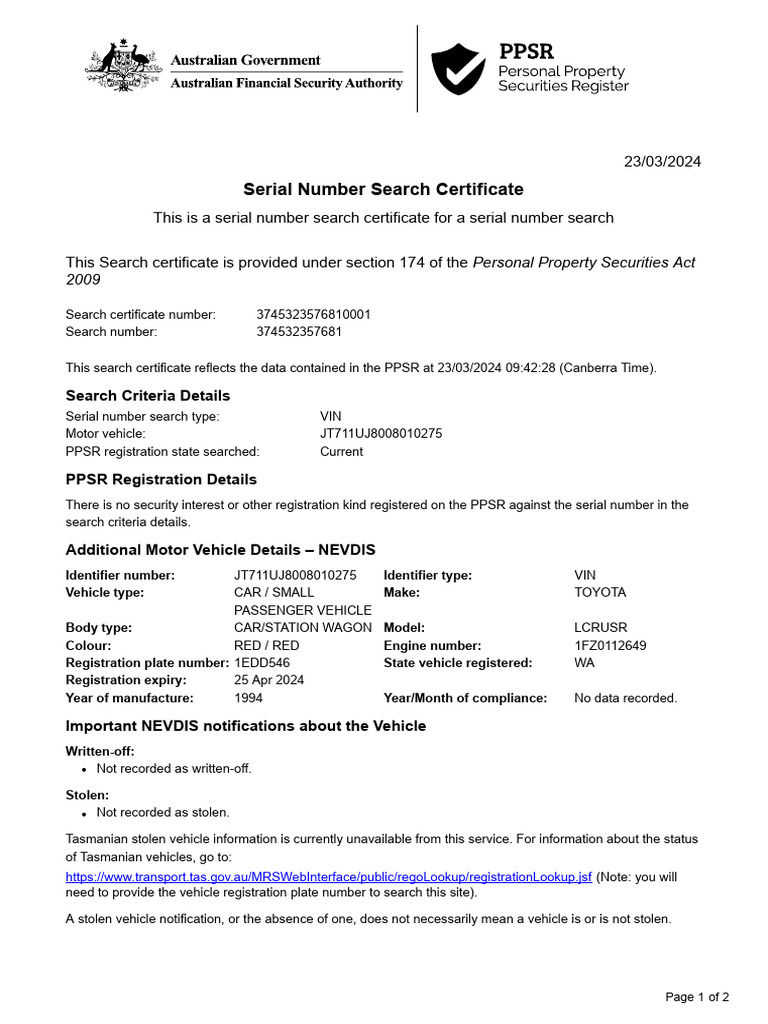 PPSR Search Certificate 3745323576810001 | PDF | Vehicles | Accuracy ...