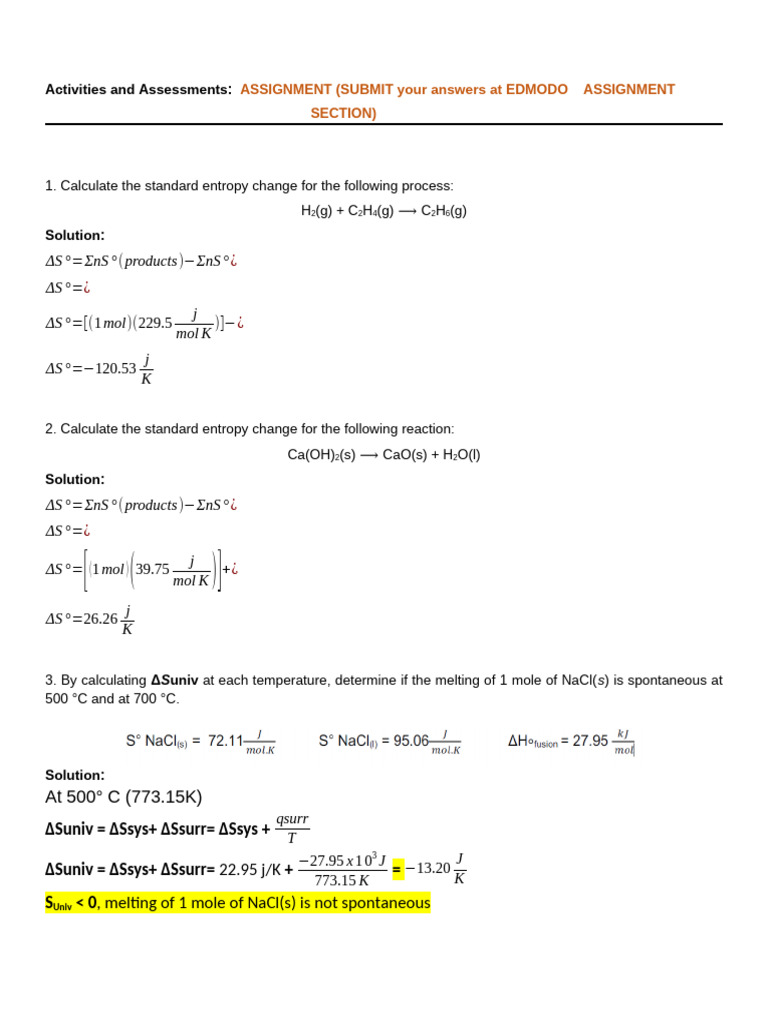 Chemistry Entropy Calculations | PDF | Thermodynamics | Quantity