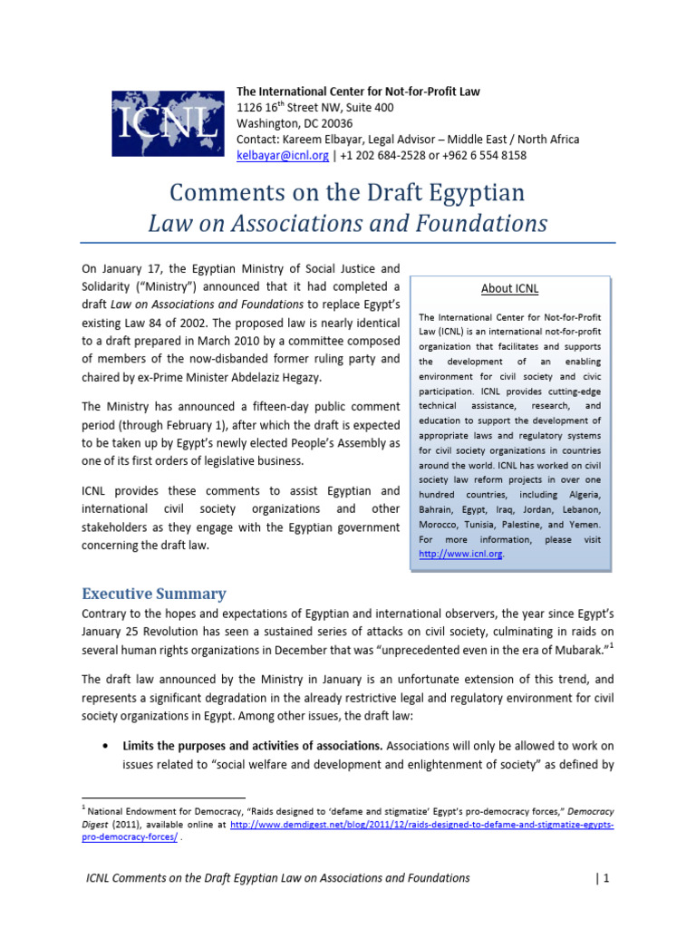 ICNL Comments On Egypt Draft Law Plus Appendices English | PDF | Human ...