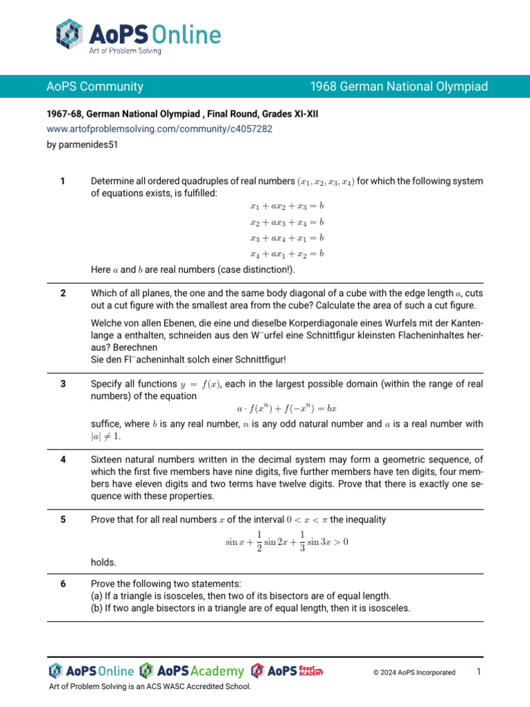 Aops Community 1968 German National Olympiad | PDF | Real Number ...