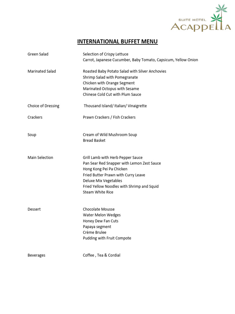 INTERNATIONAL BUFFET MENU (DINNER) ($100 + Per Pax) | PDF | Cooking, Food & Wine