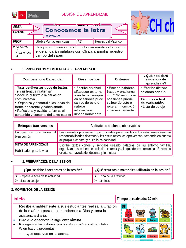 Sesiòn Conocemos La Letra "CH" | PDF | Aprendizaje | Evaluación