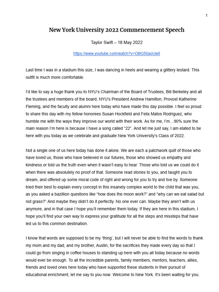 NYU 2022 Commencement Speech - Taylor Swift | PDF