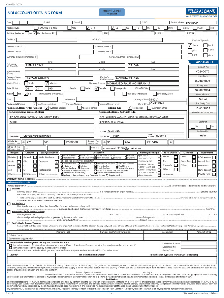 NRO Account Opening Form - Signed | PDF