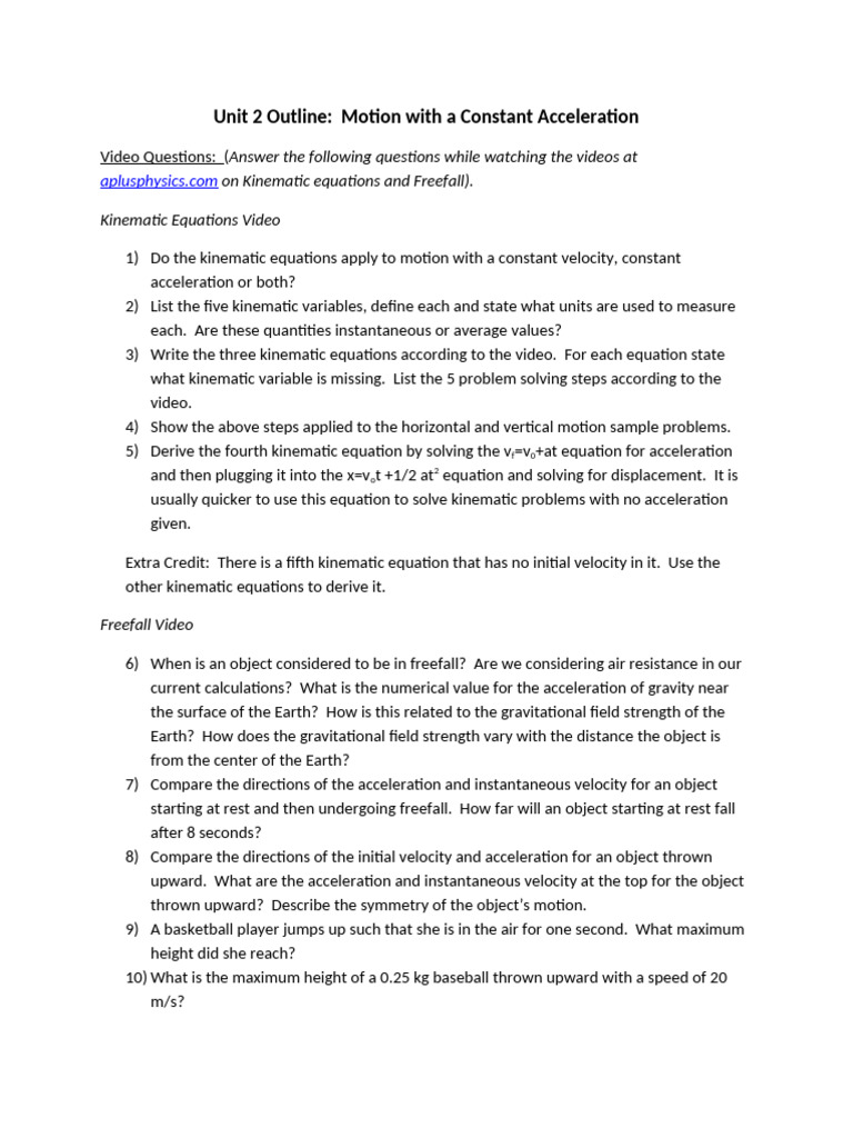 Motion With Constant Acceleration Outline | PDF | Acceleration | Kinematics