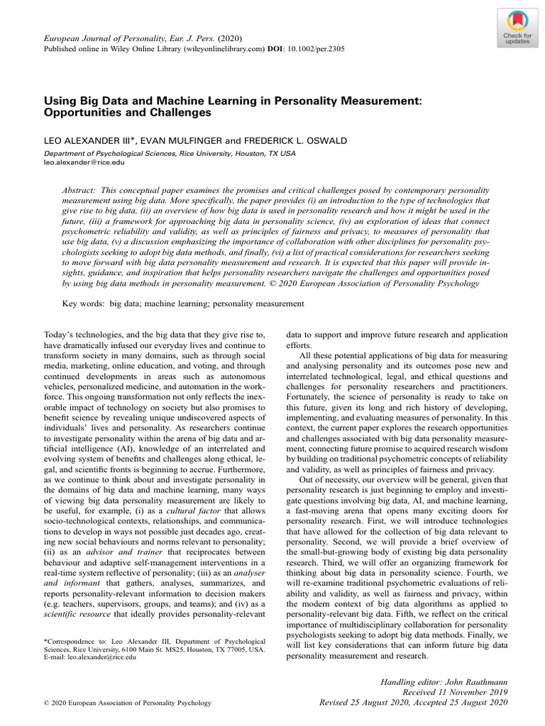 Big Data & Machine Learning in Personality | PDF | Cluster Analysis | Machine Learning