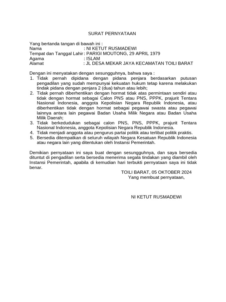 Format Surat Pernyataan | PDF