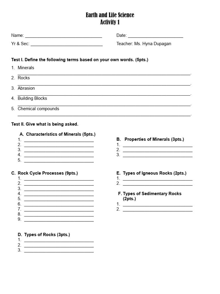 EARTH AND LIFE SCIENCE ACTIVITY 1 | PDF | Minerals | Rock (Geology)