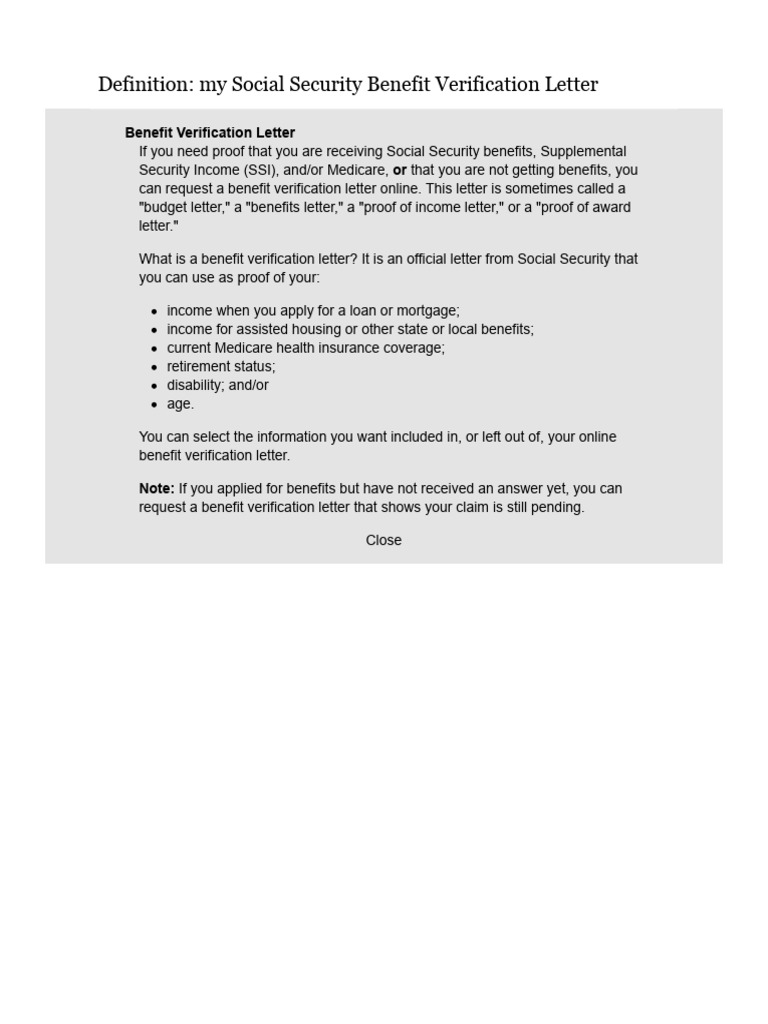 Definition - My Social Security Benefit Verification Letter | PDF ...