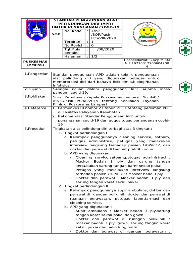 Sop Penggunaan Apd Covid-19 | PDF