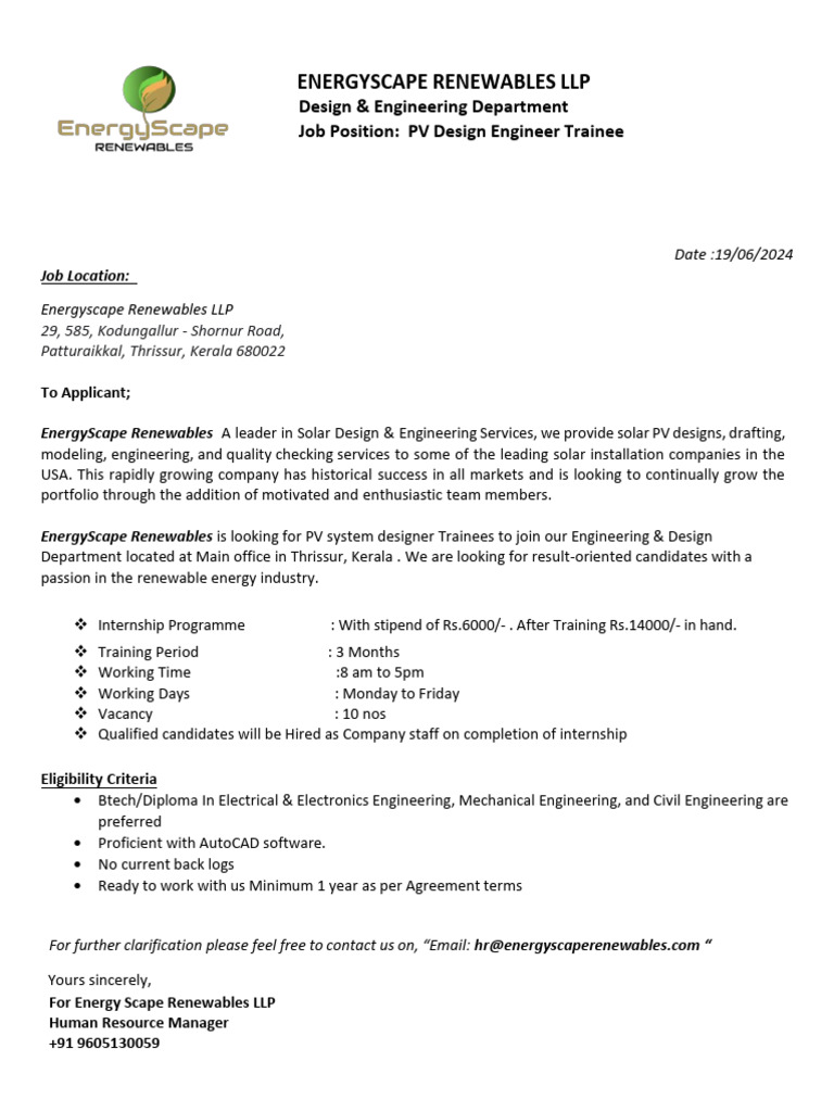 PV Designer Trainee Job Description | PDF