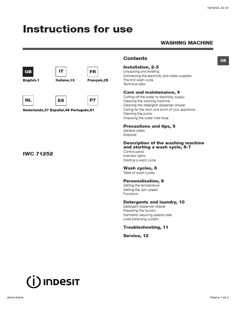 Indesit IWC 71252 User Manual | PDF | Washing Machine | Laundry