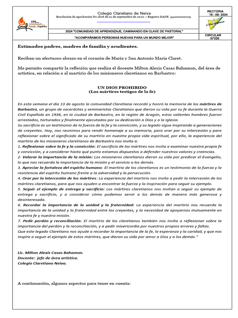 CIRCULAR No. 030 PARA PADRES DE FAMILIA | PDF | Intercesión | Misionero