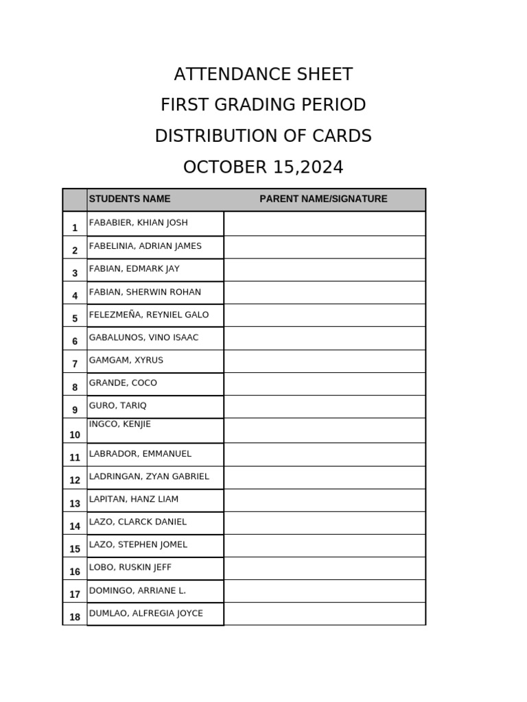 First Grading Period Attendance Sheet | PDF