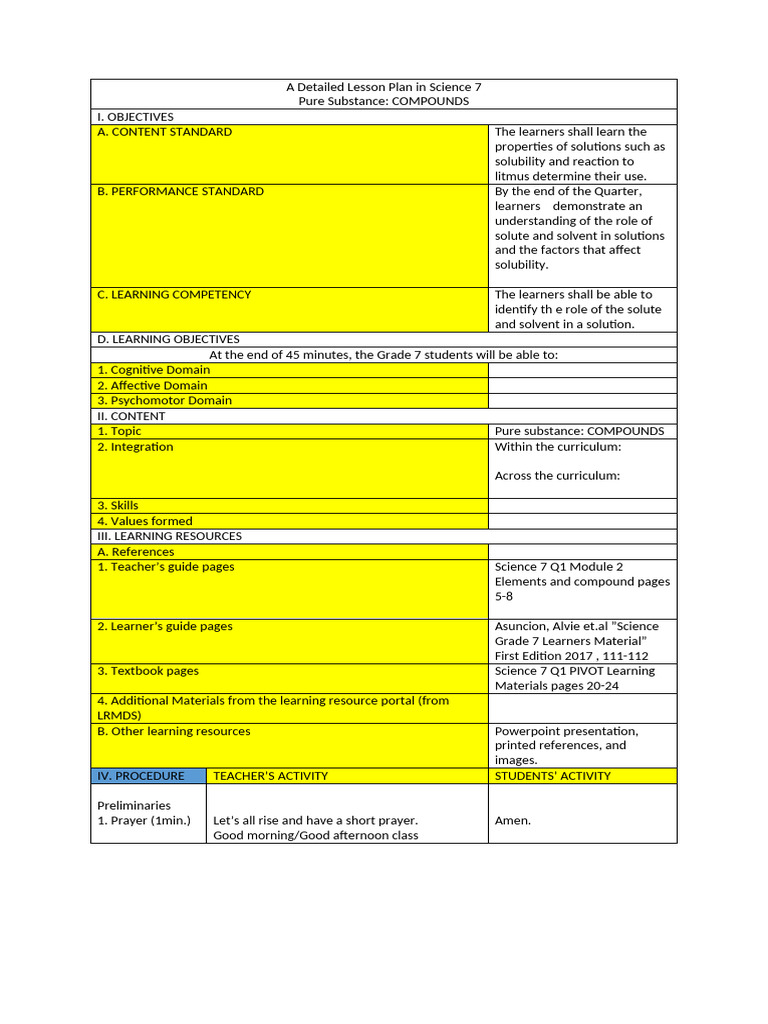 FINAL Detailed Lesson Plan in Science7 (COMPOUND) - 044747 | PDF ...