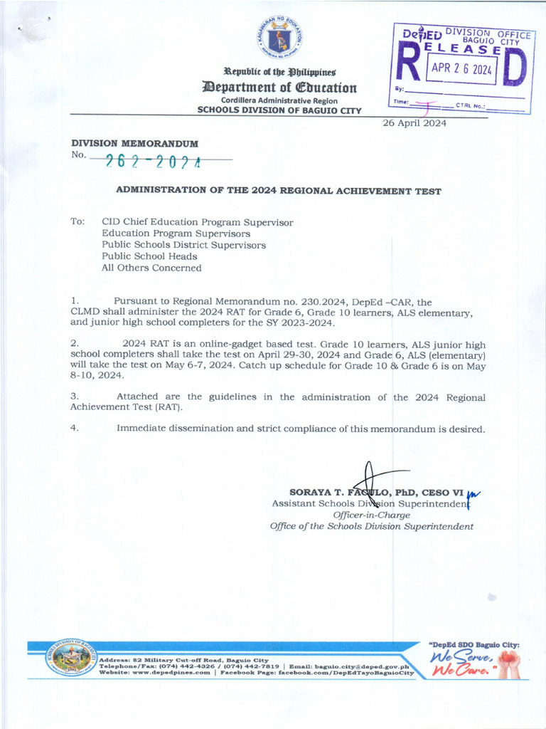 Division Memorandum No. 262 2024 Administration of The 2024 Regional ...