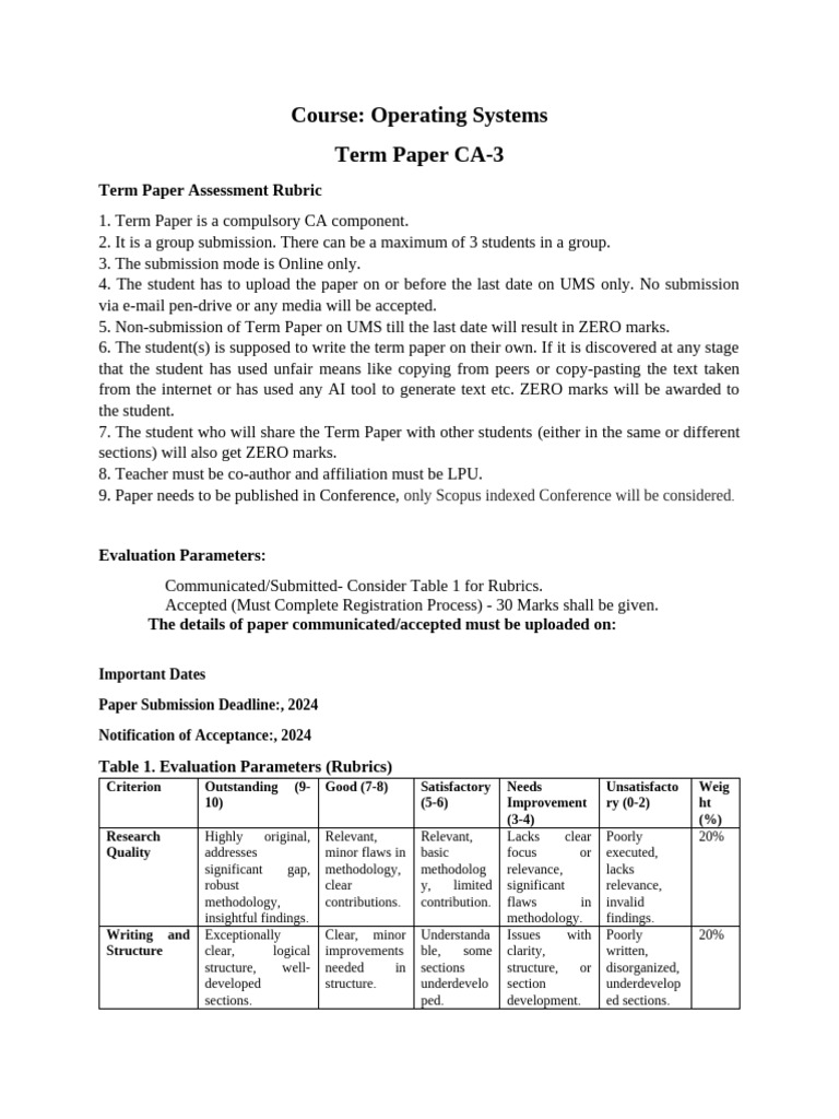 Term Paper 3 Topics and Rubrics | PDF | Scheduling (Computing) | Operating System