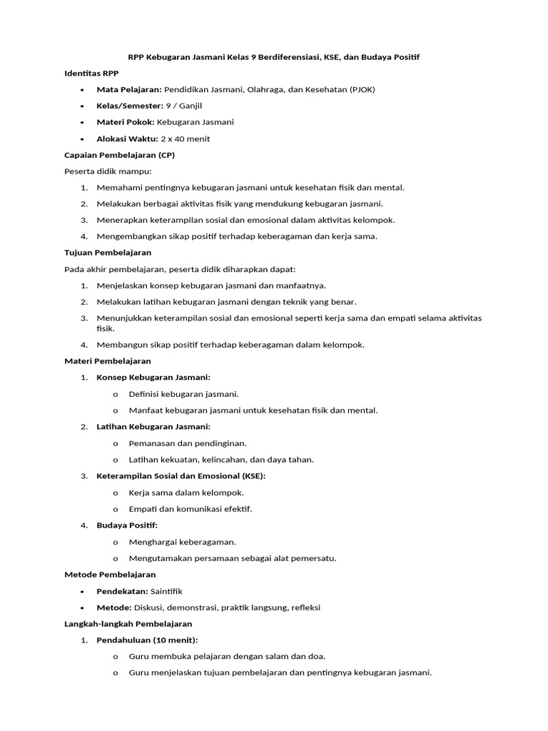 RPP Kebugaran Jasmani Kelas 9 Berdiferensiasi | PDF