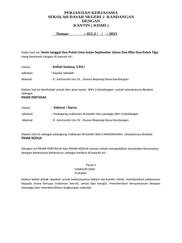 MoU Kantin Sekolah | PDF