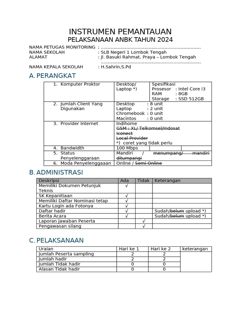 INSTRUMEN PEMANTAUAN Anbk 2024 | PDF