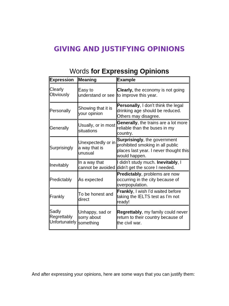 Justifying Opinions Effectively | PDF | Phrase | Verb
