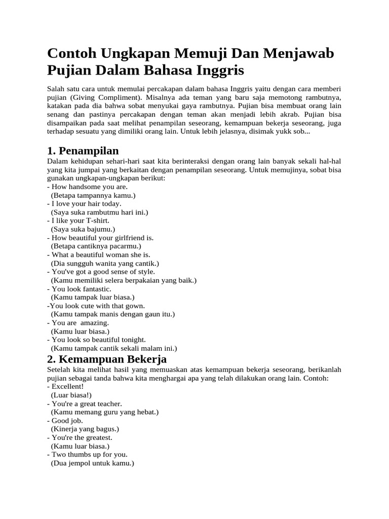 Contoh Ungkapan Memuji Dan Menjawab Pujian Dalam Bahasa Inggris | PDF