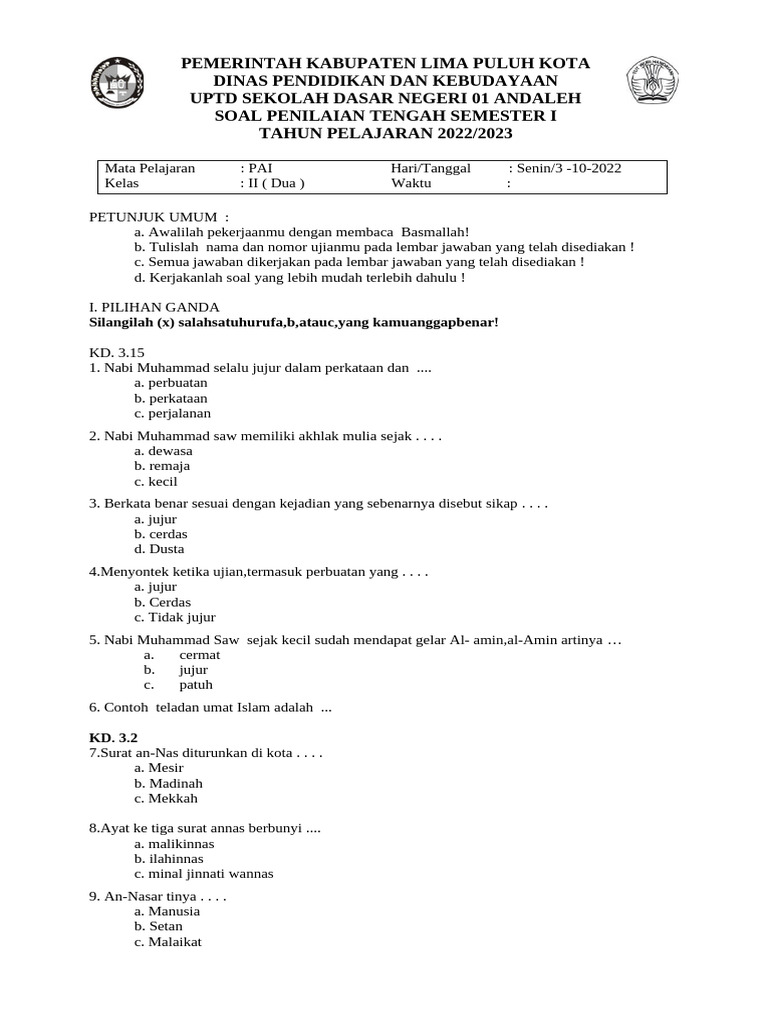 SOAL PAI MID KLS II - Edit | PDF