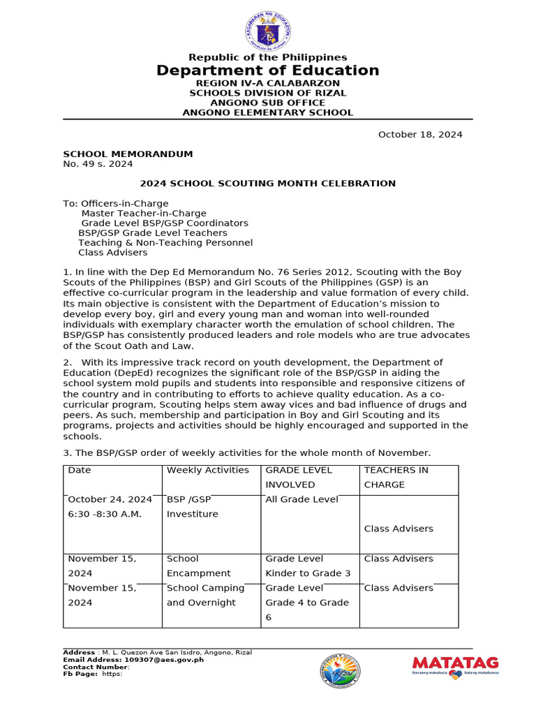 School-Memo-BSP-GSP 2024 | PDF | Scouting