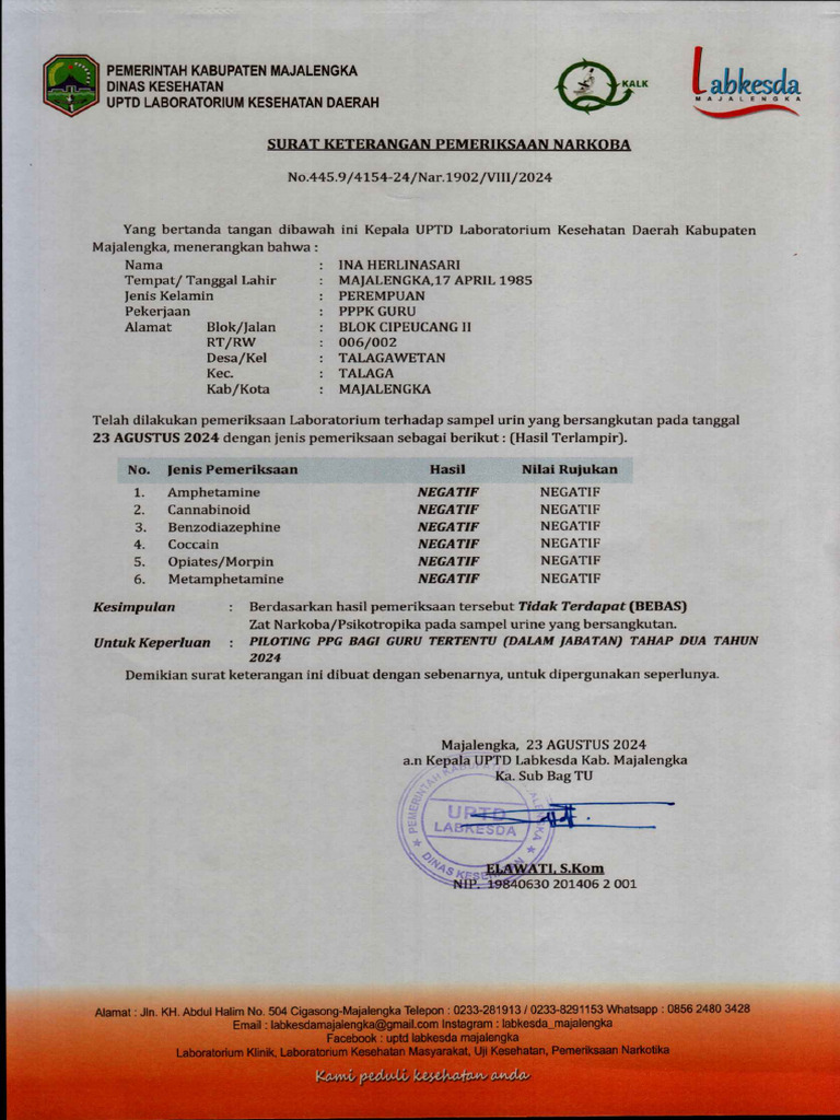 INA HERLINASARI - Surat Bebas NAPZA | PDF