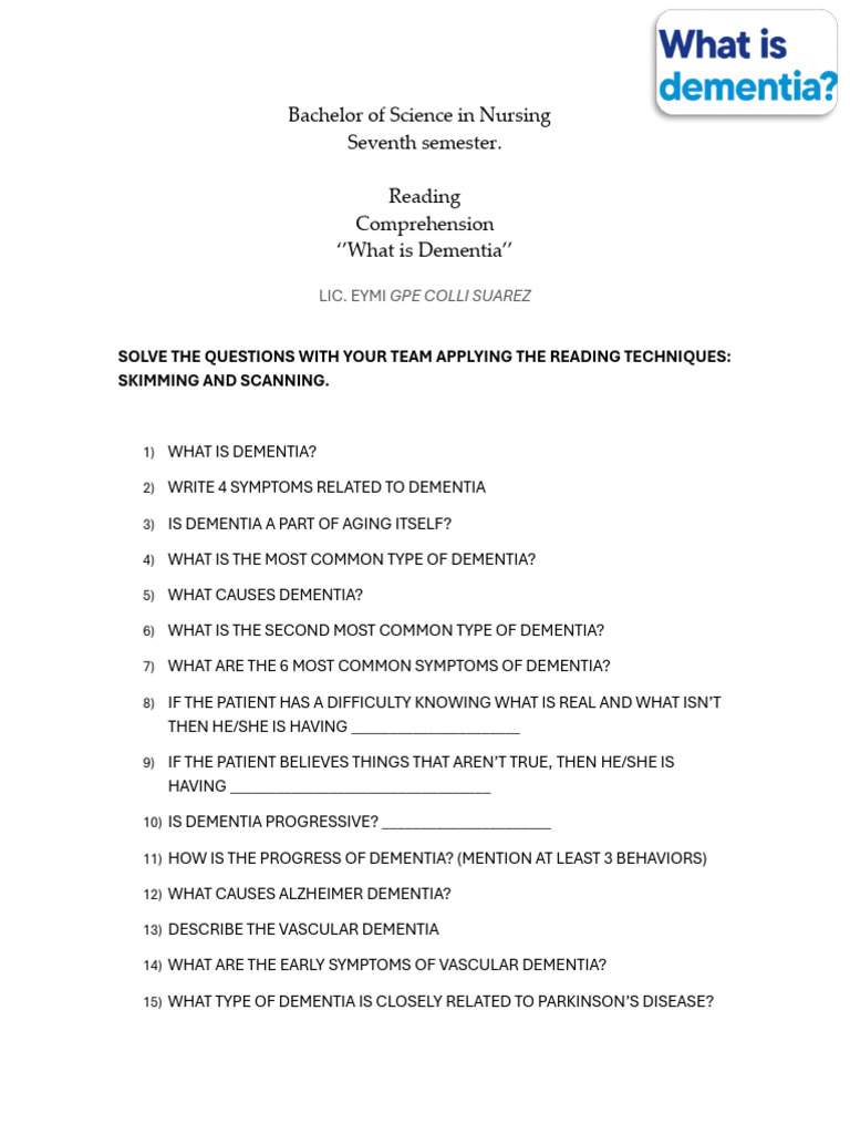 Dementia Questions Activity | PDF | Self-Improvement | Science ...