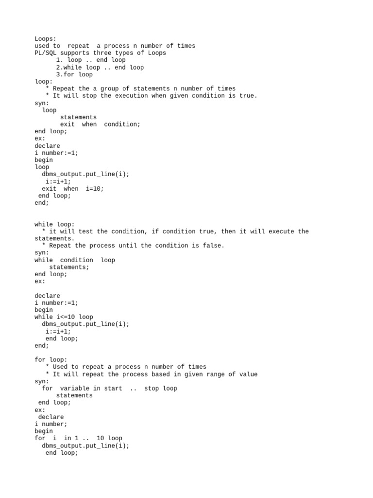 PL/SQL Loop Types and Examples | PDF | Computers