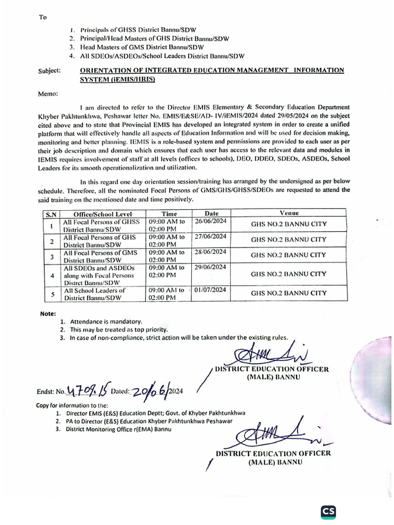 iEMIS Training Schedule Bannu Male | PDF