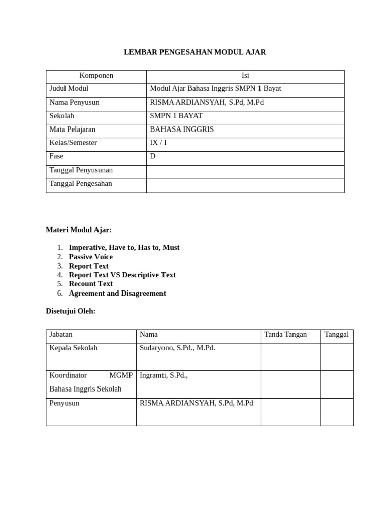 MODUL AJAR BAHASA INGGRIS Kelas 9 Risma | PDF