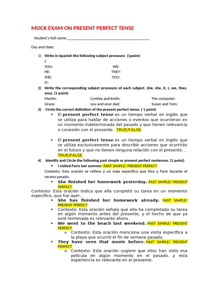 Examen de práctica: presente perfecto | PDF | Sintaxis | Lingüística