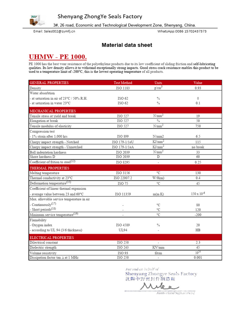 UHMW-PE 1000 Material Data Sheet | PDF | Strength Of Materials | Hardness