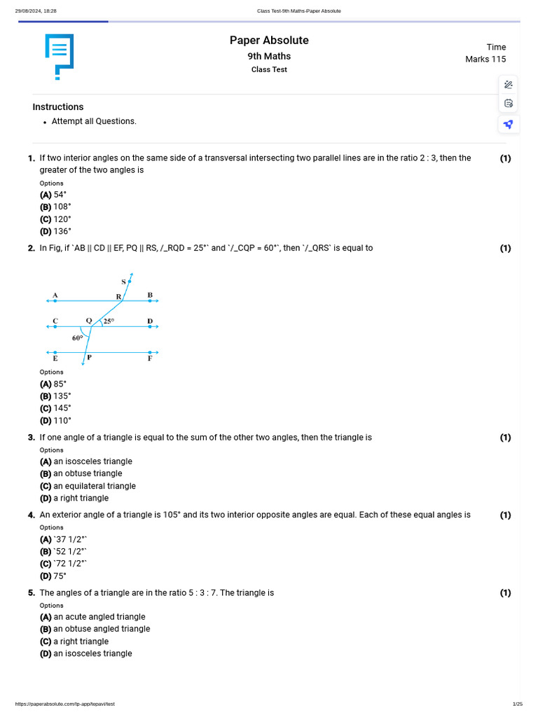 Lines and Angles Test paper | PDF | Triangle | Elementary Geometry
