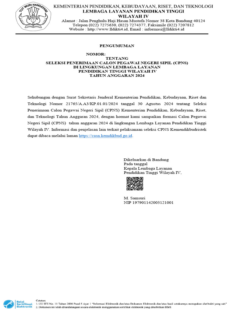 Seleksi CPNS LLDikti Wilayah IV 2024 | PDF