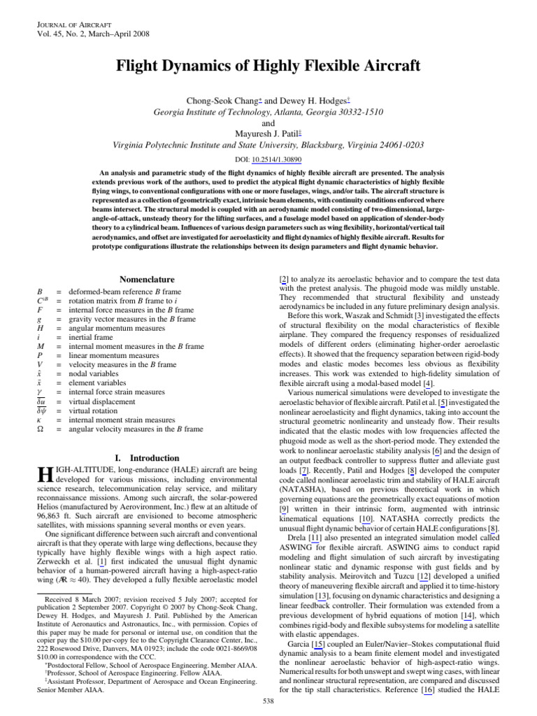 (Chong-Seok Chang and Dewey H. Hodges) Flight Dynamics of Highly Flexible Aircraft | PDF ...