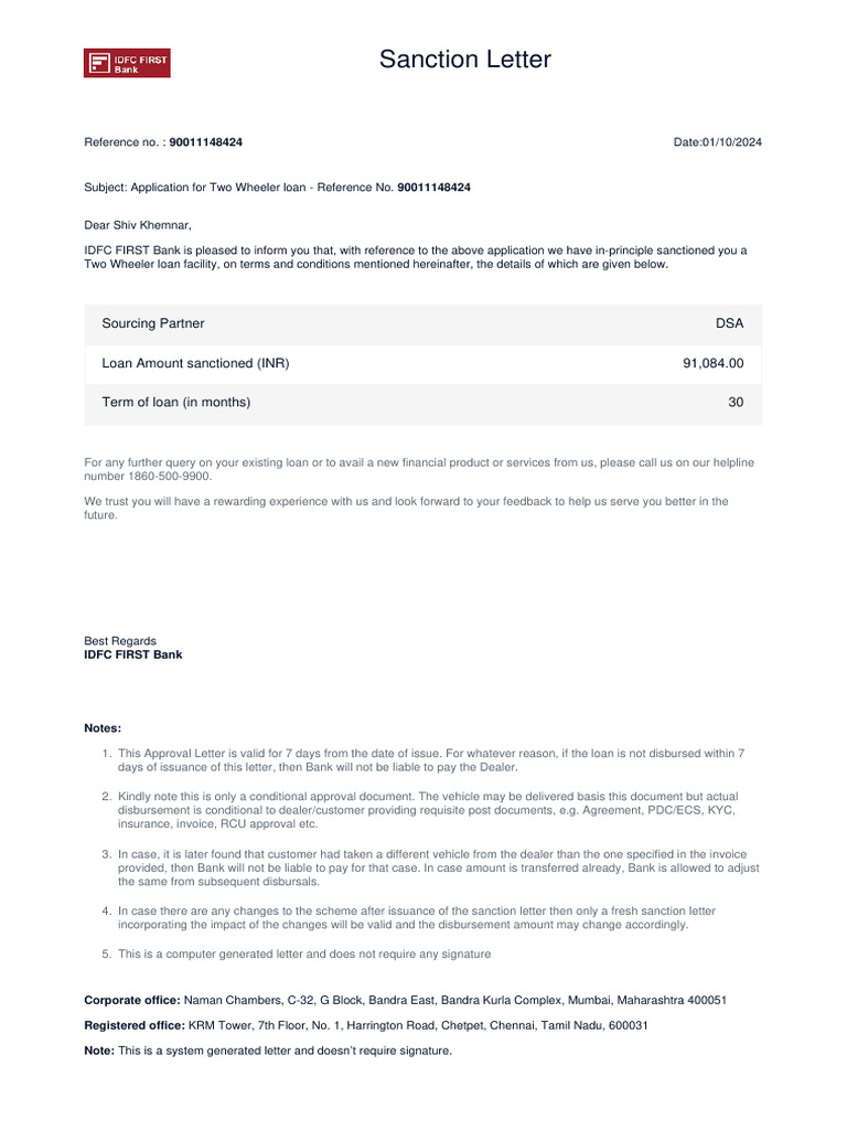 IDFC_Sanction_Letter | PDF | Private Law | Business Law