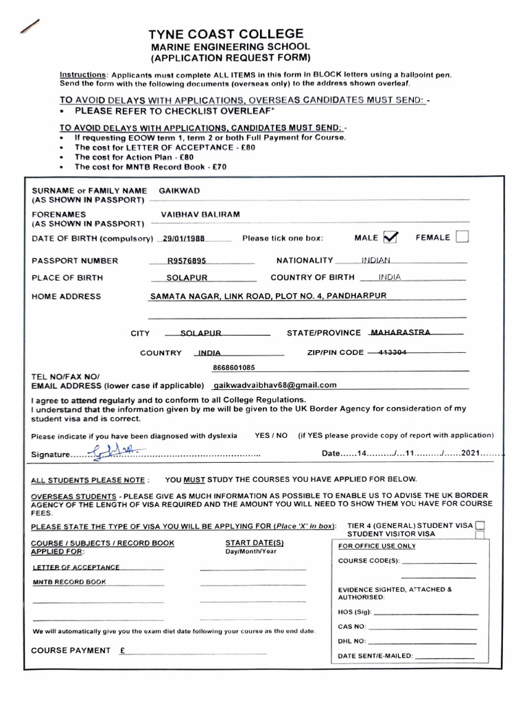 Marine Engineering Application Form | PDF | Cheque