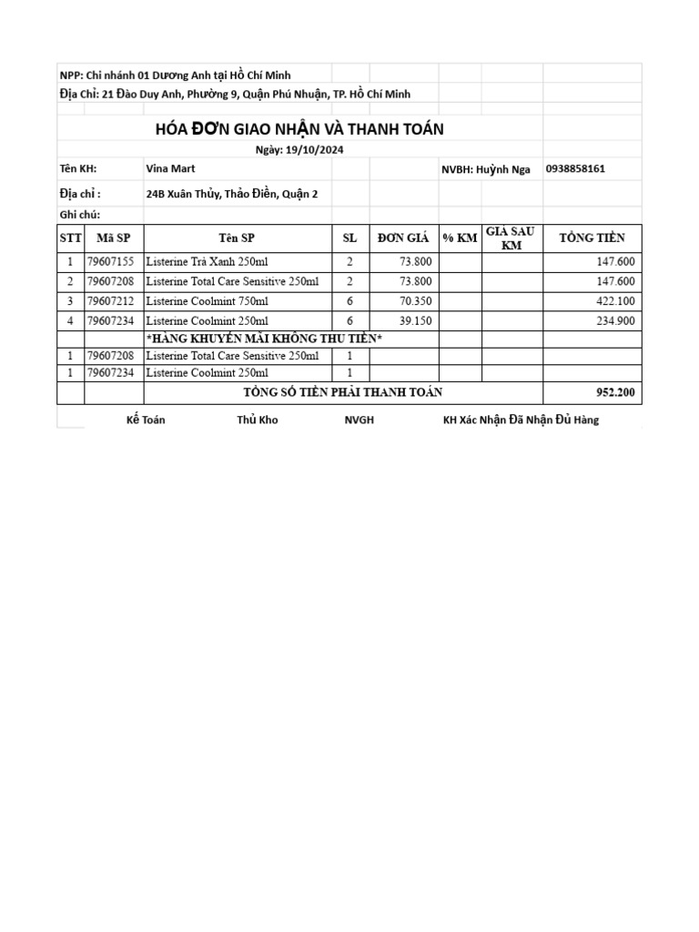 HÓA N Giao Nh N Và Thanh Toán: STT Mã Sp Tên SP SL Đơn Giá % Km Giá Sau KM Tổng Tiền | PDF