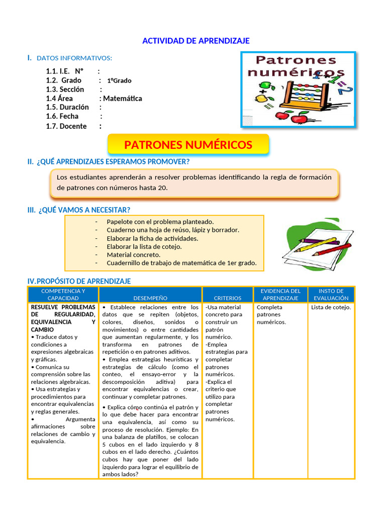 d2 a1 Sesión Mat. Patrones Numéricos | PDF | Evaluación | Aprendizaje