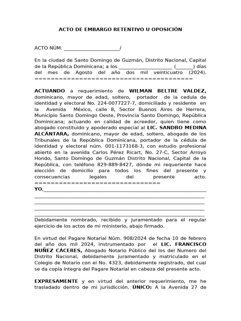 Acto Embargo Retentivo U Oposición y Acto de Levantamiento de Embargo U ...