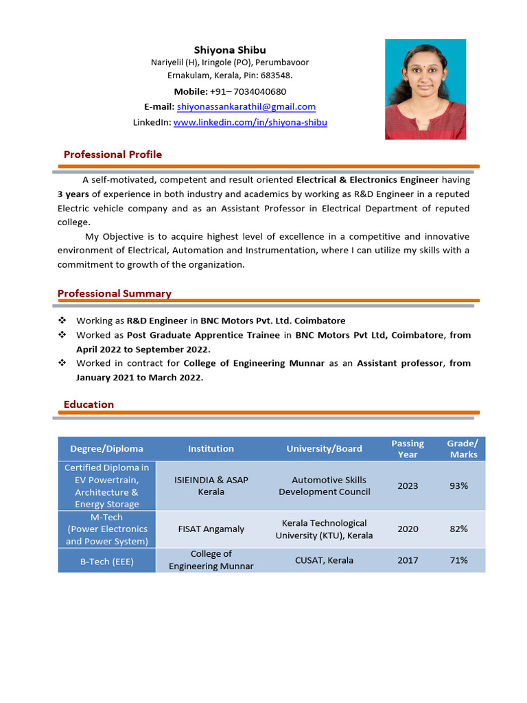 Shiyona Shibu - Resume - New | PDF | Power Inverter | Electrical Engineering