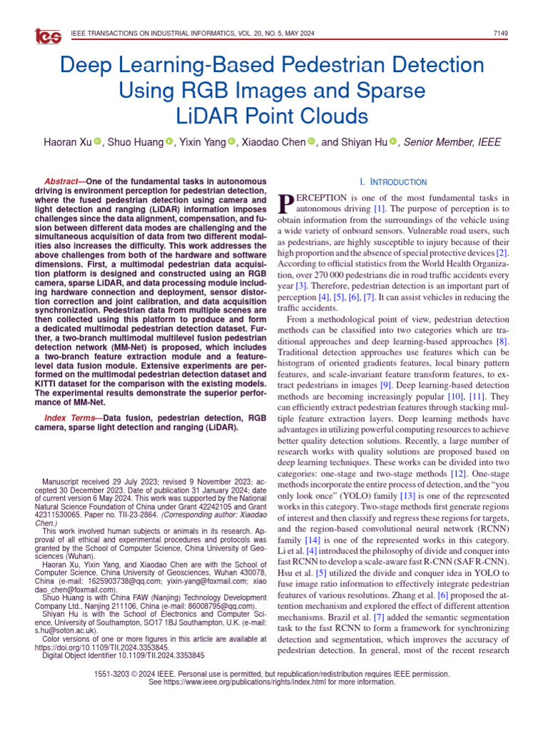 Deep Learning-Based Pedestrian Detection Using RGB Images and Sparse LiDAR Point Clouds | PDF ...