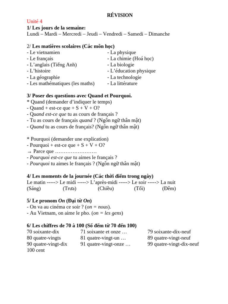 Révision de vocabulaire et grammaire | PDF | Études des langues ...