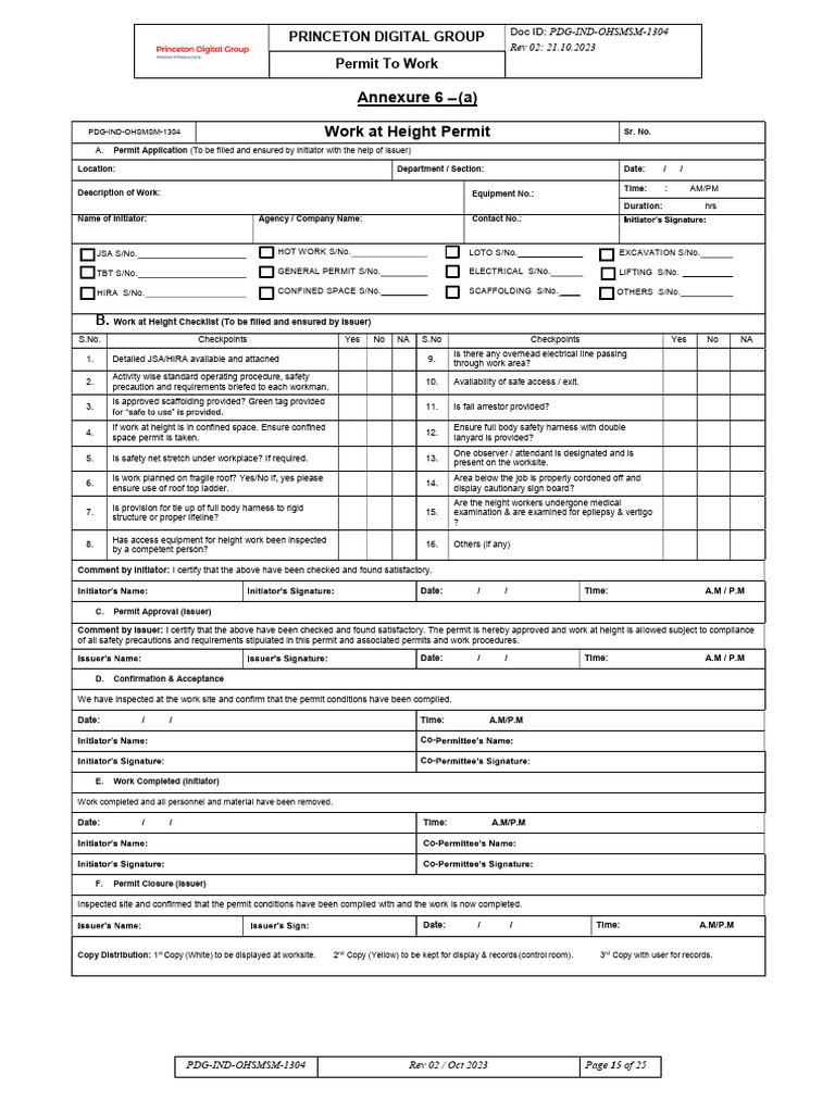 Work Height Permit Pdf Safety Occupational Safety And Health