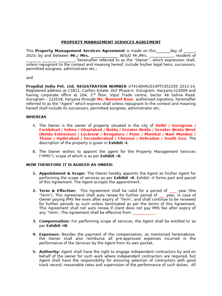 PMS Agreement For Residential Docxs | PDF | Lease | Employment
