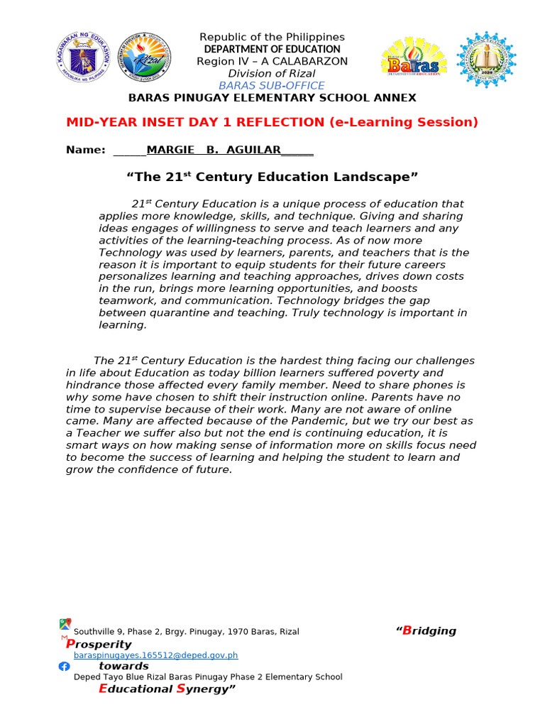INSET e Learning Session REFLECTION DAY 1 | PDF